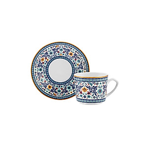 KARACA Beylerbeyi Porcelain Turkish Coffee Cup Set of 6, 12 Piece, 80ml, 6 Porcelain Coffee cups, Espresso Cups with Saucers, Porcelain Design with Blue and White Patterns