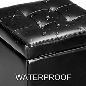 Adeco Bonded Leather Square Tufted Cubic Cube Footstool, 18" Height Storage Ottomans, With Lid, Black