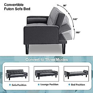 Hooseng Modern Futon Sofa Bed, Upholstered Convertible Folding Sofa Couch with 2 Bolster Pillows, Button Tufted Fabric Couch for Small Spaces, Living Room, Lounge, Apartment, Office, Blue