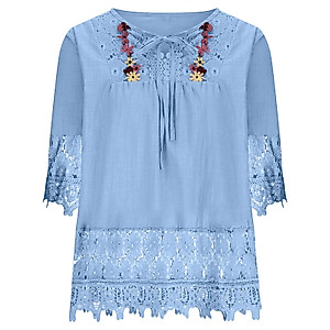 Womens 3/4 Sleeve Shirts Casual Bow V Neck Lace Tops Blouse Fashion Boho Shirts for Women