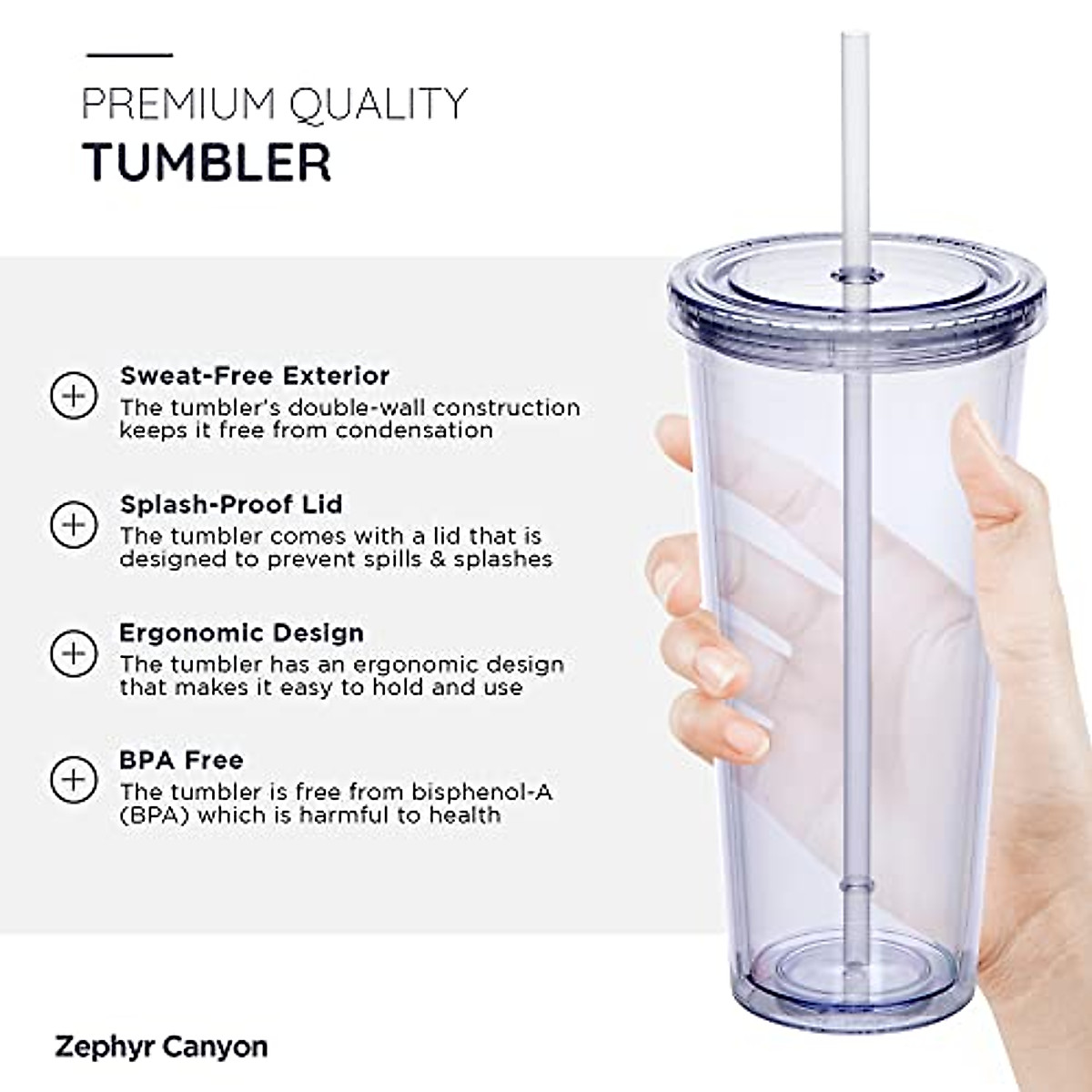 Zephyr Canyon 24oz Double Wall Plastic Tumblers with Lids and Straws | Large Classic Travel Tumbler | 4 Pack Set of 4 | Clear Reusable Cups with Straws | BPA Free
