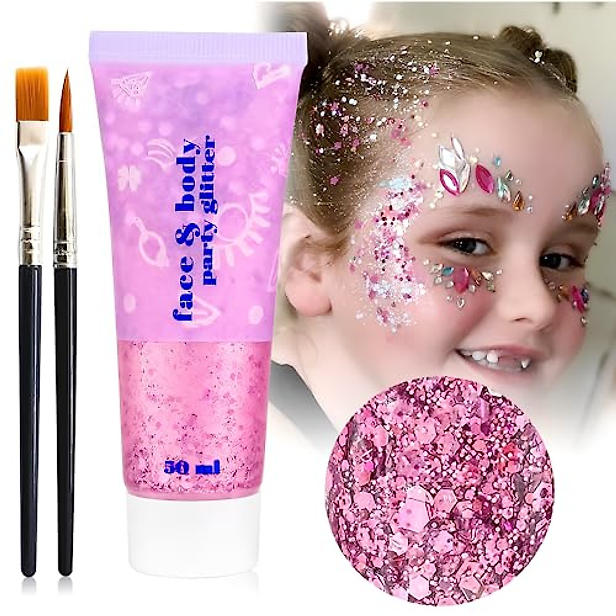 Pink Body Glitter Gel 1.76 Oz, Face Glitter Makeup Sequins Face Paint, Shimmer Liquid Eyeshadow, Sparkling Holographic Gel Lip, Long Lasting Hair Bling Bling Hair Gems, Nail Glitter Gel for Women