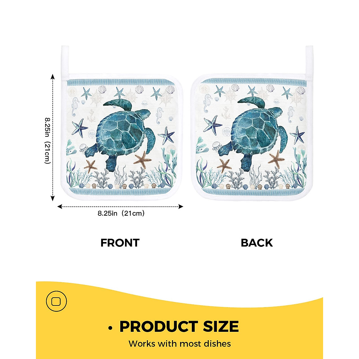 2 Pack Pot Holders Heat Insulation Potholder, Sea Turtle Hot Pads Multipurpose Oven Pads Terry Cloth Potholders for Kitchen Cooking Baking Dining Table Ocean Themed Starfish Seaweed