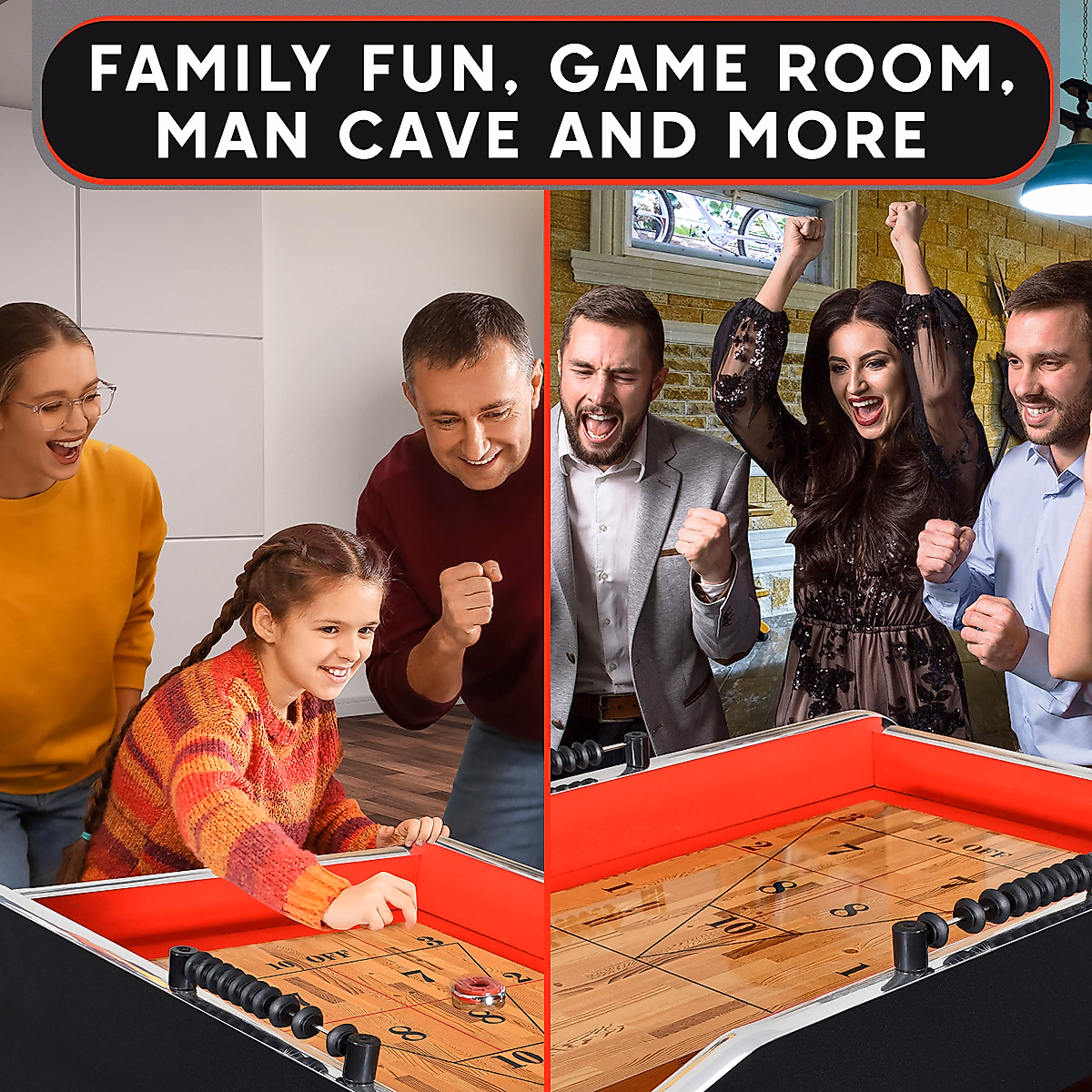 SereneLife Shuffleboard Table, 9ft Poly Coated Surface, with Accessories, Abacus Style Scoring, Fast Puck Action Play, Indoor and Outdoor Portable Arcade Shuffle Board Game Table for Kids and Adults