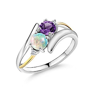 Gem Stone King 925 Sterling Silver and 10K Yellow Gold Purple Amethyst White Simulated Opal and White Lab Grown Diamond Ring For Women (1.00 Cttw, Gemstone Birthstone, Available In Size 5, 6, 7, 8, 9)