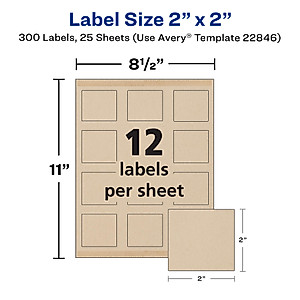 Avery Printable Blank Square Labels, 2" x 2", Kraft Brown, 300 Customizable Labels (22846)