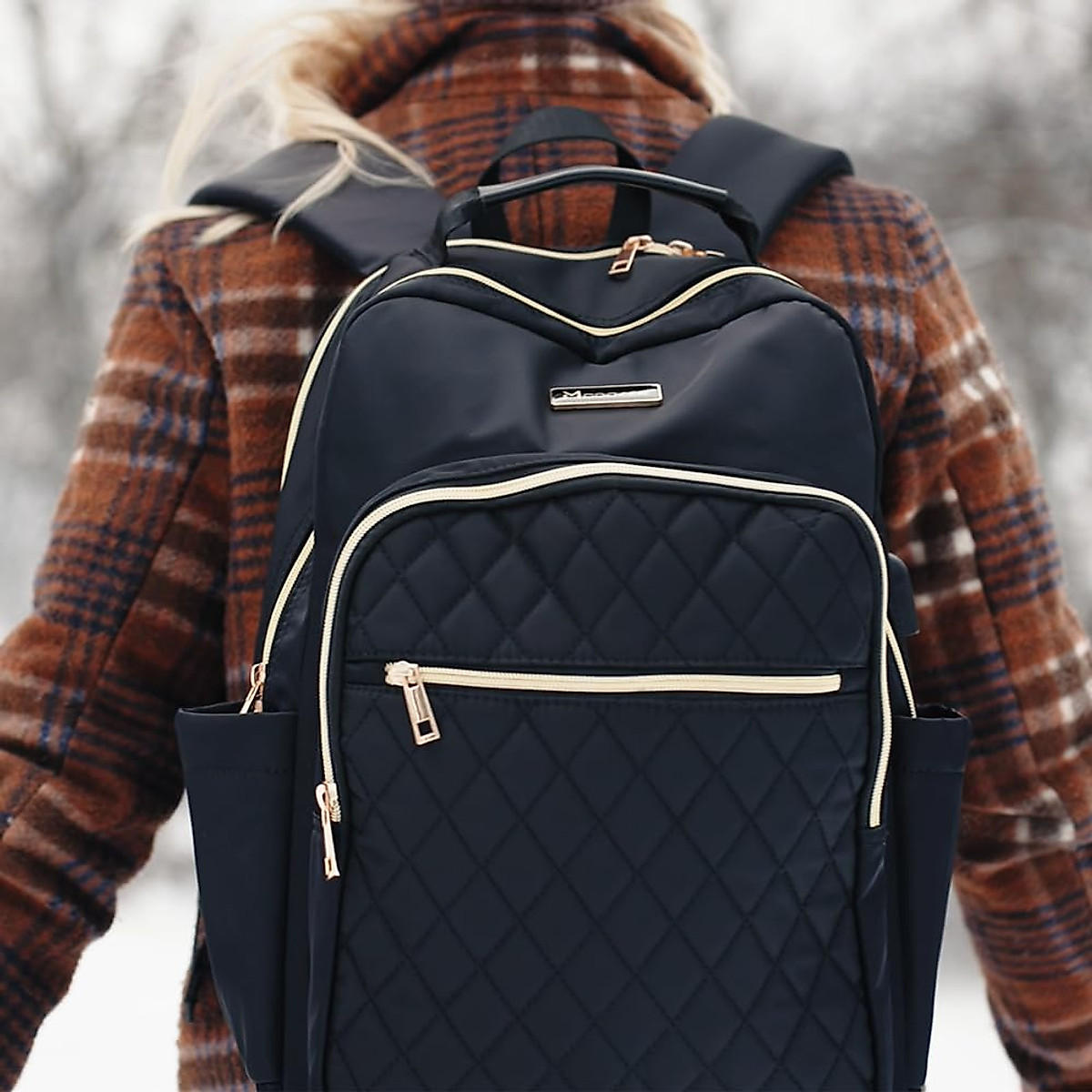 Modoker Womens Laptop Backpack 15.6-Inch Laptop & Tablet, Quilted Slim Laptop Backpack for Business Work Travel with USB Charging Port, Fashion College School Bookbag Casual Daypack, Black