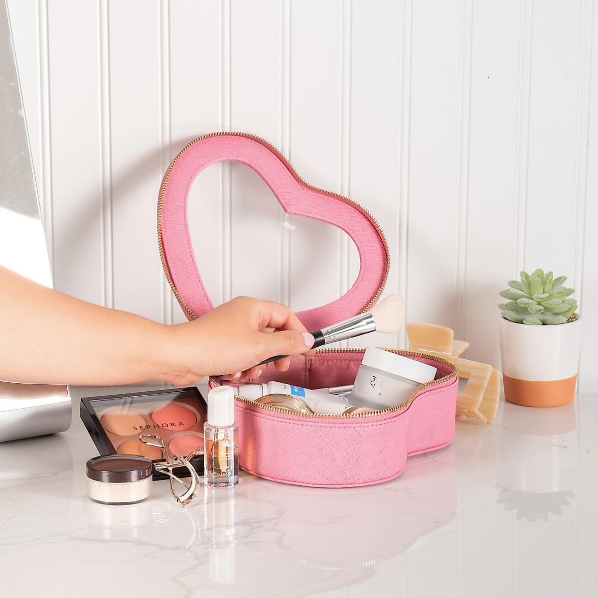 Aaly Beauty Heart Makeup Bag – Pink Heart Shaped Cosmetic Organizer with Clear Cover – Large Capacity for Full Size Makeup – Fits Daily Essential Skincare, Makeup and Brushes