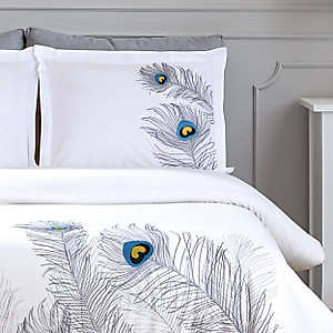 100% Cotton, 3-Piece King/California King, Single Ply, Soft, Embroidered Peacock Duvet Cover Set, Silver