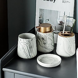 YYW Ceremic Bathroom Accessory Set, 4 Pieces Complete Bath Decor Kit with Imitation Marble Pattern, Foaming Soap Dispenser, Toothbrush Holder, Tumbler and Soap Dish (Grey - 4 Piece Set)