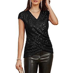 Womens Sequin Sparkle Top Shimmer Glitter Club Party Cap Sleeve Wrap V-Neck Twist Front Tops Plus Size Black XL