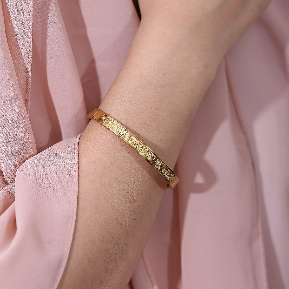 Qitian Islamic Jewelry Gifts for Women Allah Gold Bangles Bracelets Ayatul Kursi Arabic Cuff Bracelet for Women Men Islam Eid Ramadan Gifts （Gold-Thick ）