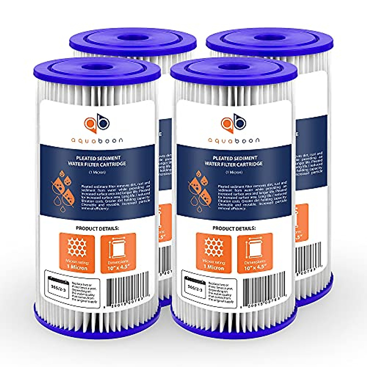 Aquaboon 1 Micron 10" x 4.5" Pleated Sediment Water Filter Replacement Cartridge | Whole House Sediment Filtration | Compatible with FM-10-1, ECP1, FM-10-1A, HDC3001, WPC1FF975, 4-Pack