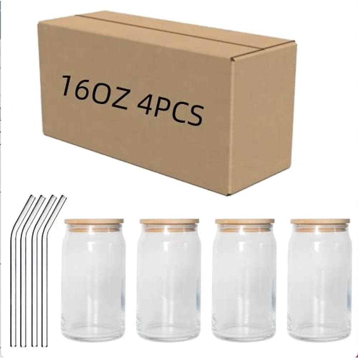 [4 pc set] Can Shaped Drinking Glass Cups with Bamboo Lid, Glass Straw, and Cleaning Brush. High Borosilicate Glass Material. Excellent for smoothies, soda and iced coffee.