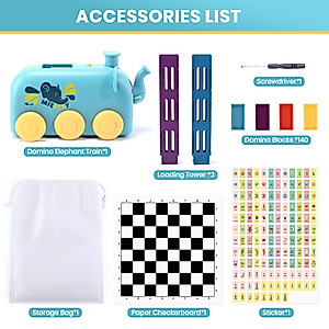 O WOWZON 3 in 1 Automatic Domino Train Toy-140 PCS Building and Stacking Electric Running Toys Light & Sound Trains, Colorful Fun Stickers and Chess Game,Storage Bag,Gift for Boys Girls kids