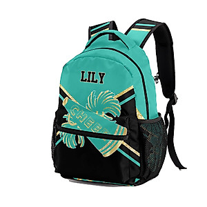 BigBigift Custom Cheer Blue Black Cheerleaders Waterproof Backpack Bookbag with Name for Birthday Holiday Gift, 12.2(L)x5.9(W)x16.5(H)inch