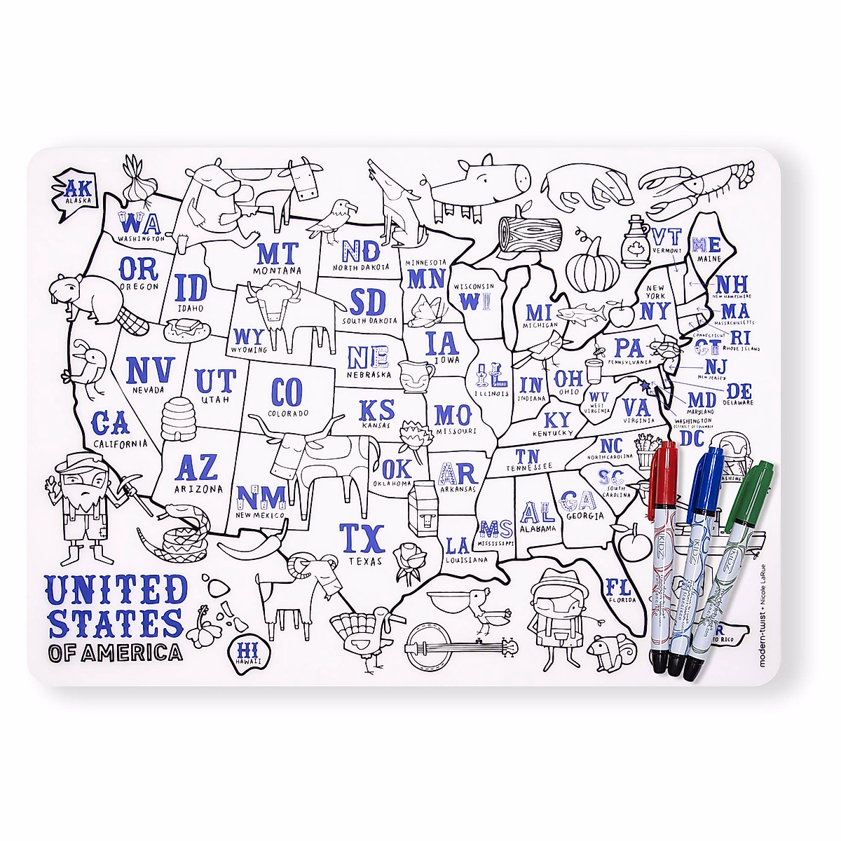 MODERN-TWIST Waterproof, Dishwasher Safe Mark, Mat & Marker Set, US Map