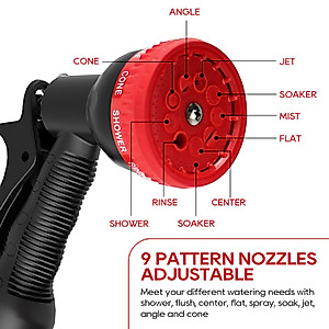 Ecomax ELG01 1/2in. x 100ft Garden Hose Reel, Retractable Reel Storage with Any Length Lock, Slow Return System, 9 Patterns Adjustable, Wall-mounted & 180° Swivel Bracket for Watering, Black & Red