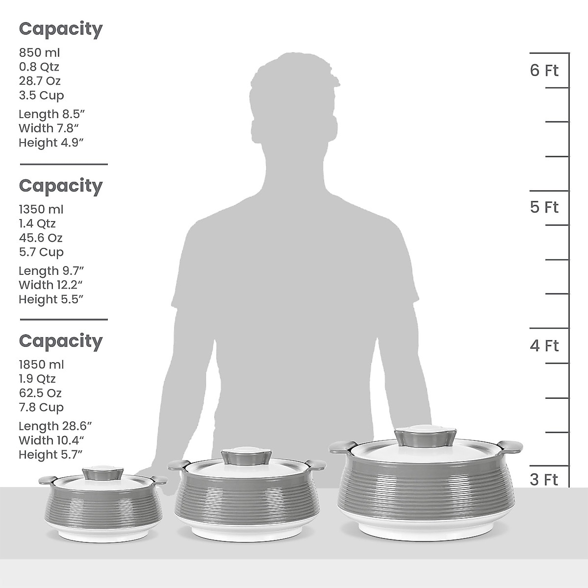 Milton Casserole for Hot Food, Double Walled Insulated Inner Stainless Steel Hot Pot with Lid, Serving box for Food and Roti, Serving Bowl, Set of 3 (Size 62, 45, 28 oz) Venice, Grey