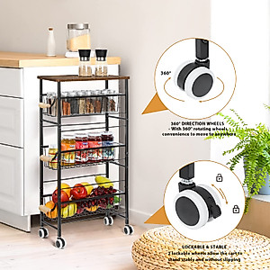 4-Tier Slim Storage Cart, Kitchen Rolling Utility Cart Bathroom Organizer Laundry Room Organization Mobile Shelving Unit with Slide-Out Metal Wire Baskets, Wooden Tabletop & Wheels for Narrow Space