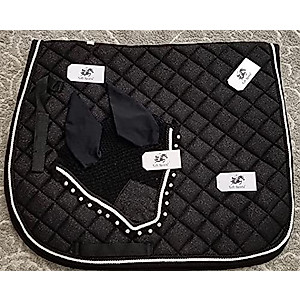 Glittery Shine Horse English Saddle Pad Set with Matching Fly Bonnet Set Ear Net Fly Veil (Rose Gold)