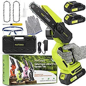 NaTiddy Mini Chainsaw 6 inch Cordless,Upgraded 21V Brushless Battery Powered Chainsaw ,Portable One-Hand Rechargeable Handheld Electric Chainsaw for Wood Cutting Tree Trimming (2 Batteries, 2 Chains)