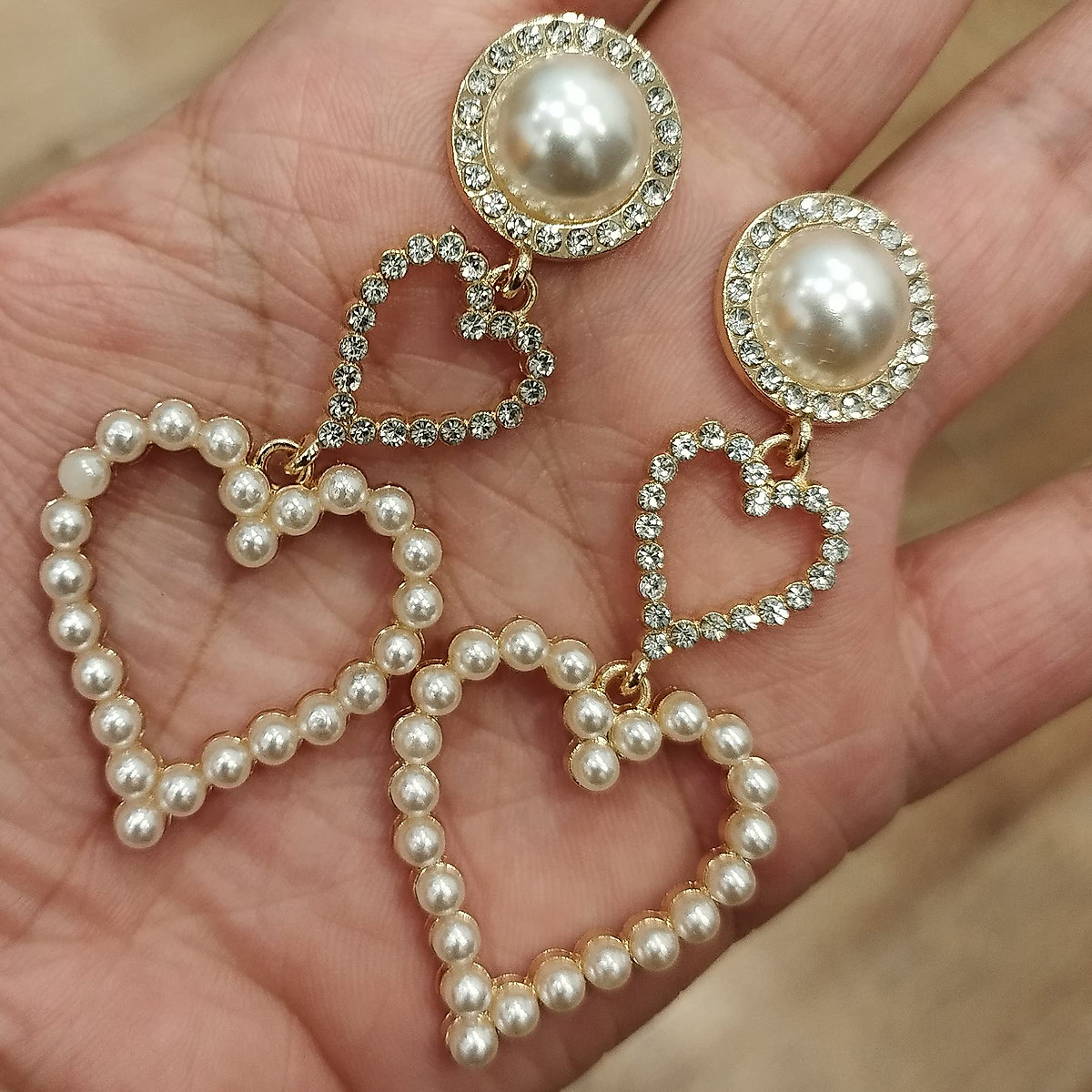 BUAJIUBUA Heart Earrings Drop Pearl Heart Earrings for Women Girls Teens Rhinestone Earrings（Gold Plated）