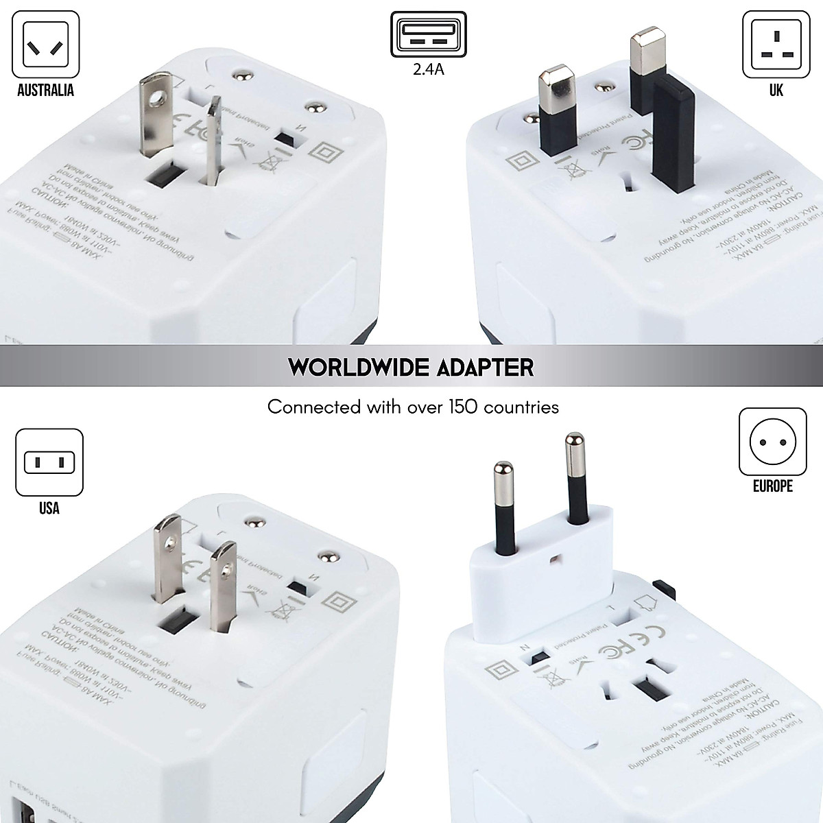 Power Plug Adapter - International Travel (w/5 USB Ports and USB Type C)- Work 150+ Countries - 220 Volt Travel Adapter - Type C A G I A/C - UK Japan China EU Europe European