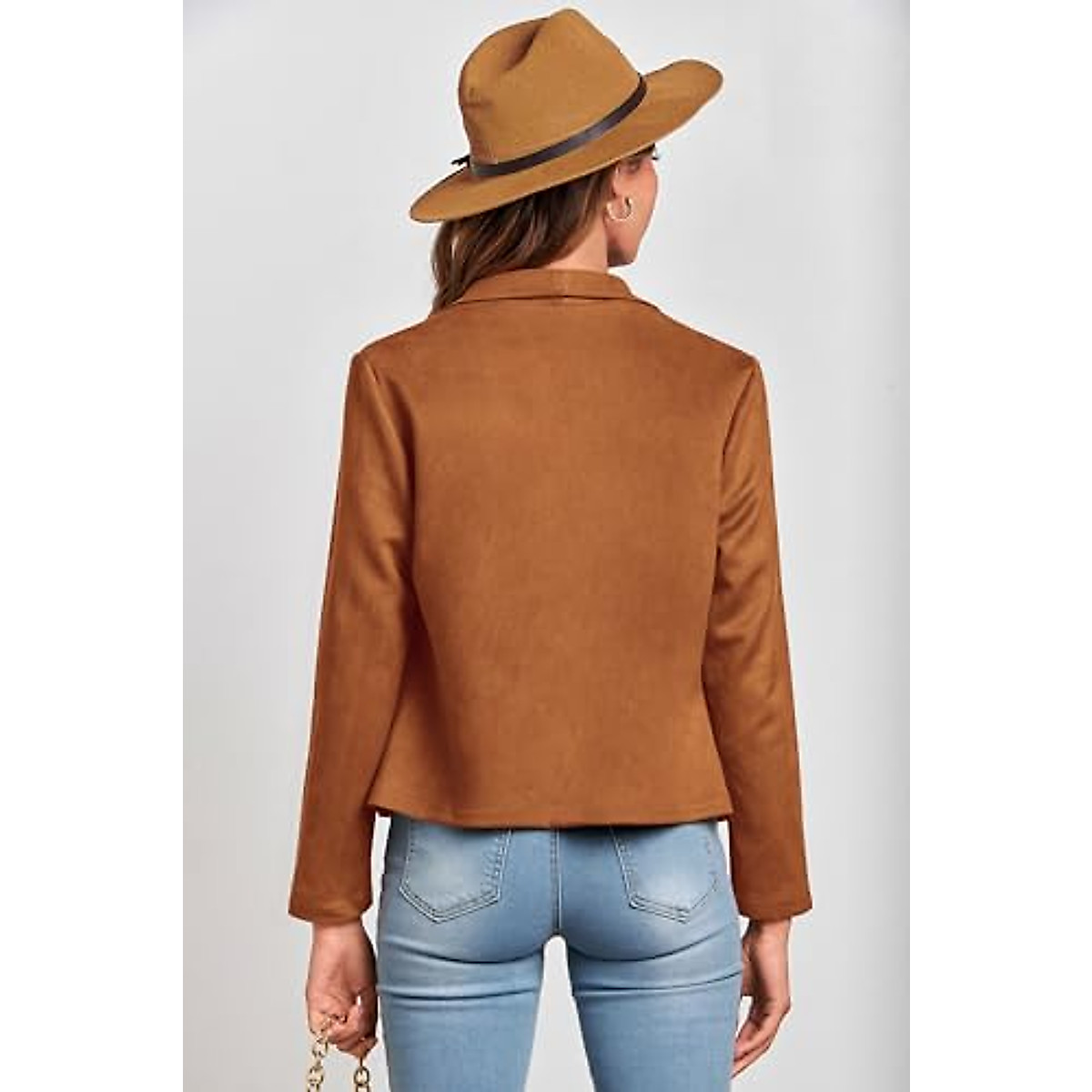 PRETTYGARDEN Women's Faux Suede Jackets 2023 Fall Clothes Long Sleeve Open Front Cropped Coat Outwear (Brown,Medium)