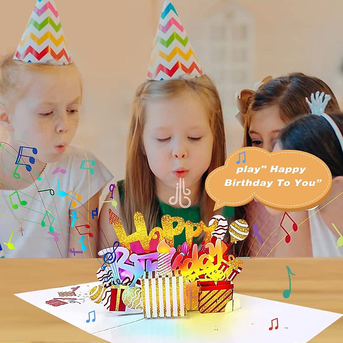 DMHZNB 3D Musical Birthday Card, LED Light and Play Happy Birthday Music Pop Up Card, Blowable LED Light Candle,Play Happy Birthday Music,