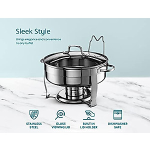 Kook Stainless Steel Chafing Dish Buffet Set, with Glass Viewing Lid and Built-In Lid Holder, Round Food Warming Tray, For Parties, Dinners and Catering, 4.5 Qt
