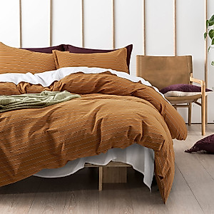 Get Bed Ready Striped Yarn Dyed Washed Cotton Chambray Duvet Quilt Cover Bedding Set, Minimal Geometric Textured Pinstriped Pattern Stonewashed Moss Maple Ocher (Copper, Twin)