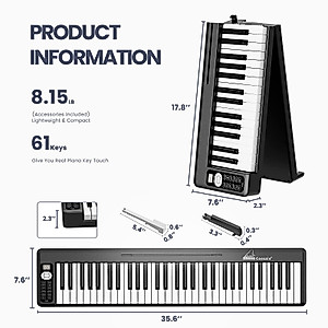 Cossain Piano Keyboard 61 Keys, Folding Digital Piano with Bluetooth [Rechargeable/Touch Sensitive/Semi-Weighted] Portable Piano Keyboard for Beginners, Teens, Adult (Piano Bag, Stand Included)
