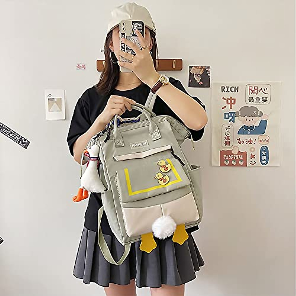 Kawaii Backpack with Kawaii Pin and Accessories Duck Pendant, Lovely Bookbag School Backpack Cute Aesthetic for Teen Girls Women (Green)