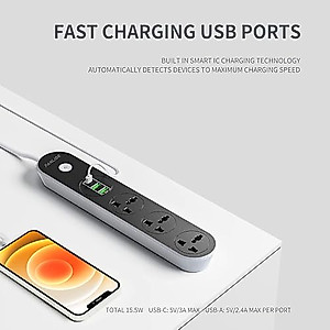 Fanlide Power Strip with USB Ports, 6ft Power Cord, 2500W Circuit Breaker, 3 Outlets 3 Quick USB (5V 3.1A) Charging Station, Child Safe Door, for Cruise Ship,Dorm Room Multi Plug Extender