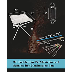 NACETURE 22 Inch Portable Outdoor Fire Pit - Portable Fire Pit Collapsing Stainless Steel Mesh Fireplace Foldable - Camping Gear for Patio, Backyard and Garden add 5 Pack Roasting Sticks
