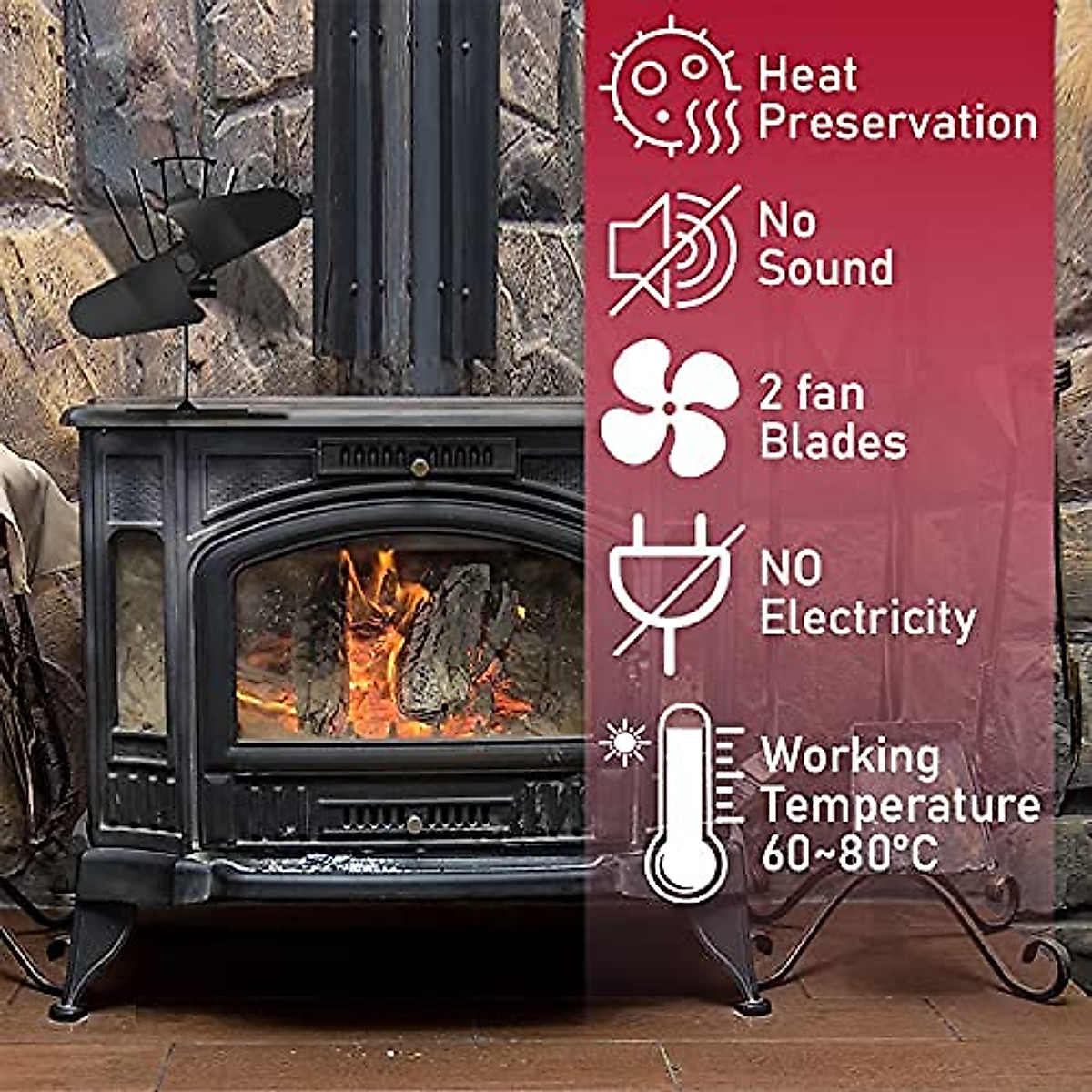 COMBIUBIU Wood Stove Fan Heat Powered 2 Blade Fireplace Fan with Magnetic Thermometer No Electricity Required,Silent Operation,Stove Fan for Gas/Pellet/Wood Burning Stove Accessories