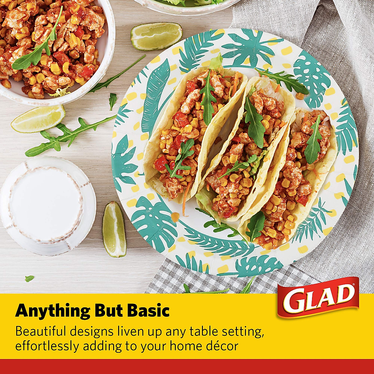 Glad Disposable Paper Plates with Palm Leaves Design, 8.5 Inch Paper Plates | Round Paper Plates for Everyday Use | Cut Proof, Soak Proof Disposable Plates from Glad, 50 Count