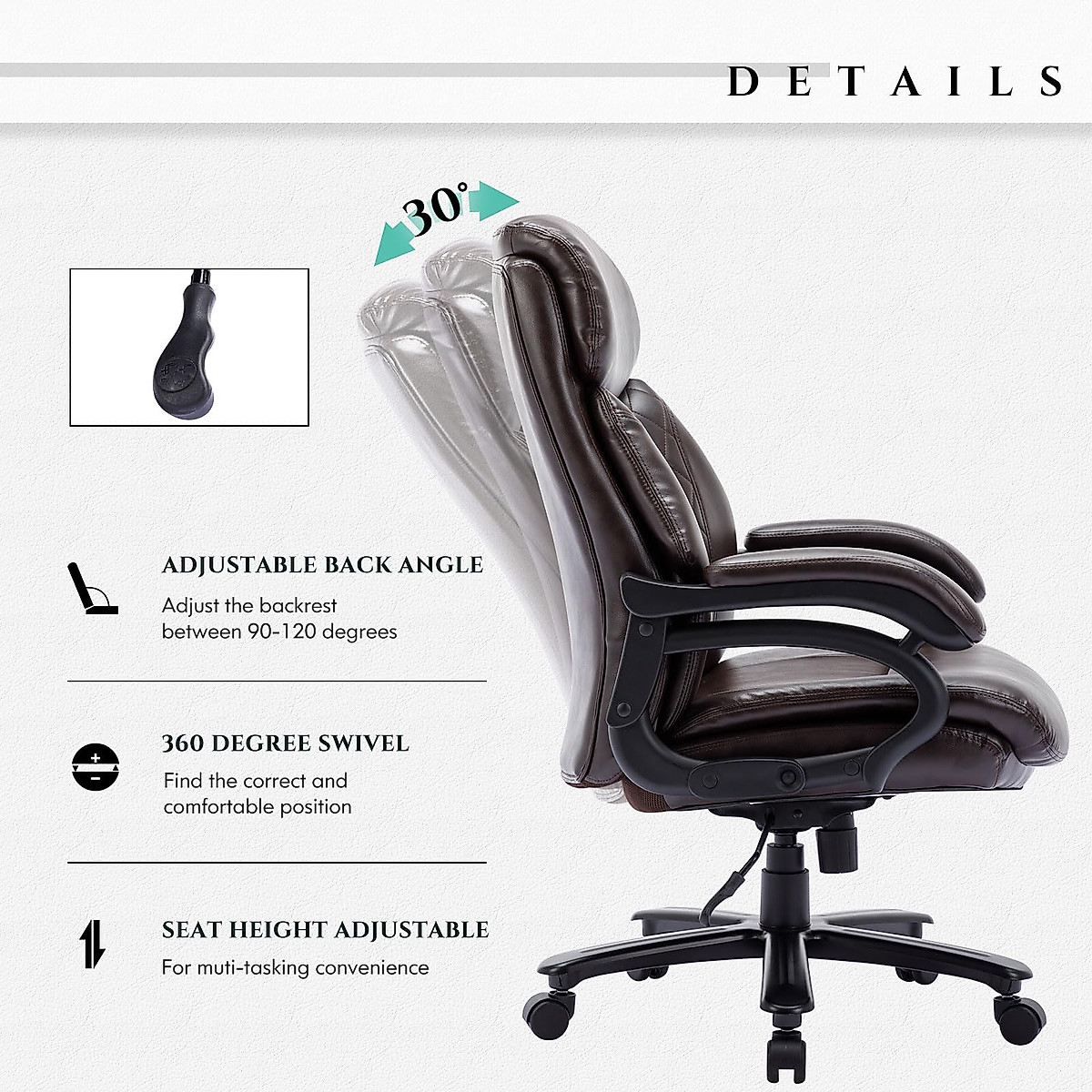 Big and Tall Office Chair 400lbs-Heavy Duty Executive Desk Chair with Extra Wide Seat, High Back Ergonomic Leather Computer Chair with Tilt Rock&Tension, Padded Armrests-Diamond Brown