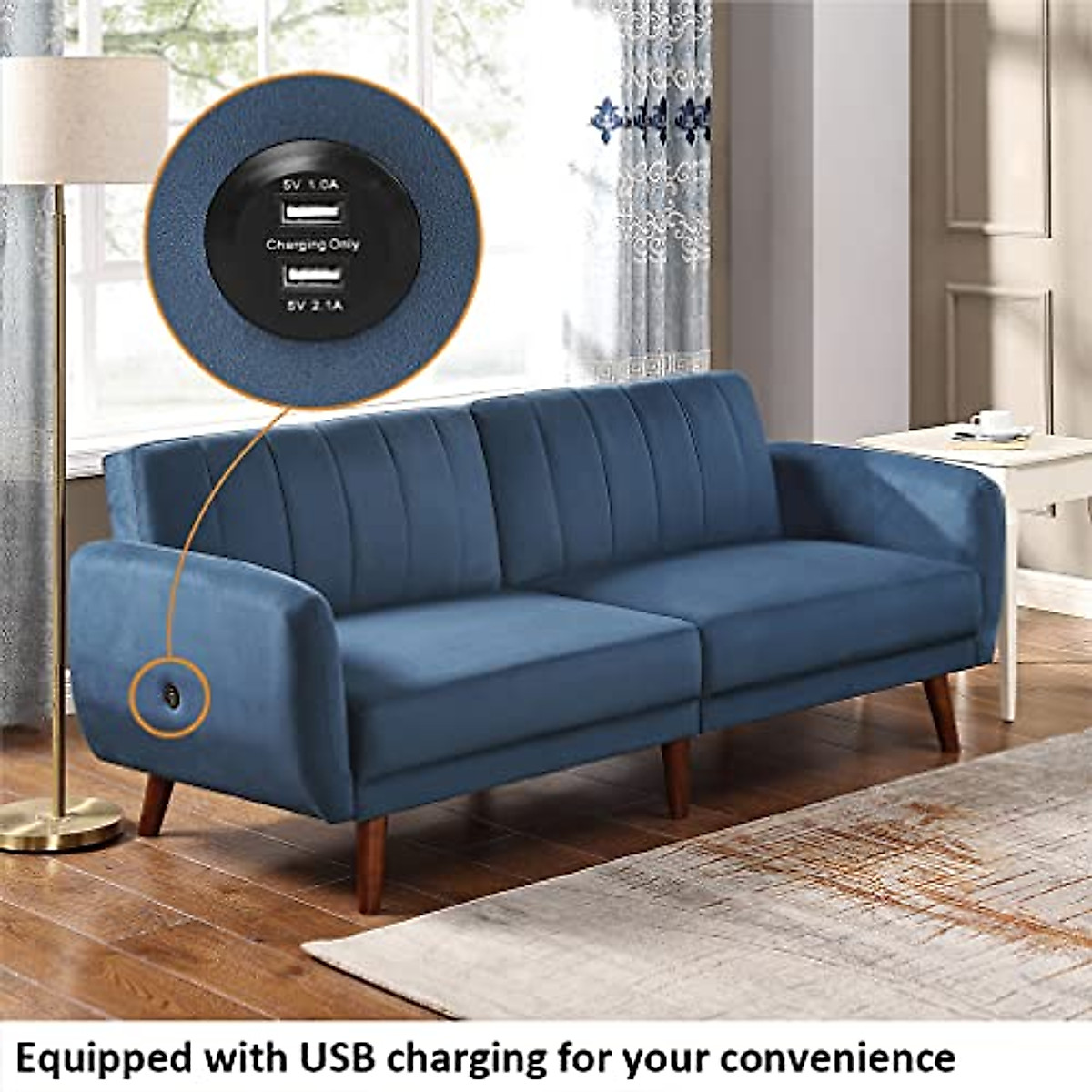 PEFEK Futon Sofa Bed Sleeper Loveseat Convertible Couch for Living Room with USB Charging, Modern Velvet Teal Love Seat Sofá Couch, Sofa Cama para Sala Muebles, Navy