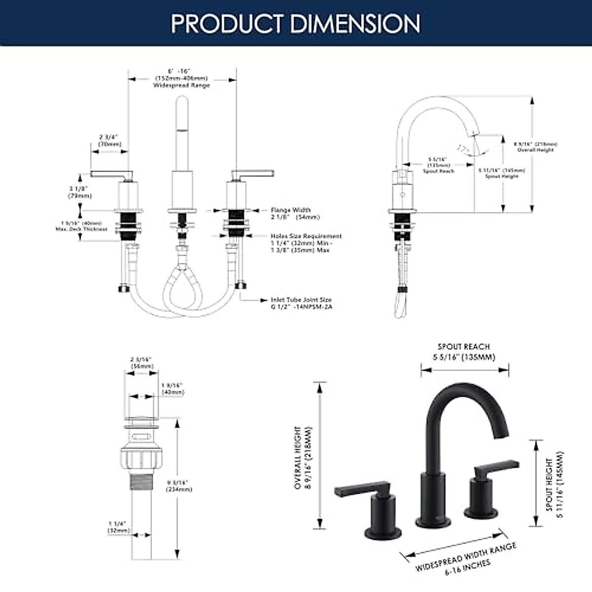 Roffenny 8 inch Widespread Bathroom Faucets, 2-Handle Matte Black Bathroom Sink Faucets for Sink 3 Holes, 360 Degree Swivel High-Arc Spout, 8 in Spread Bath Vanity Sink Faucet, with Pop Up Drain
