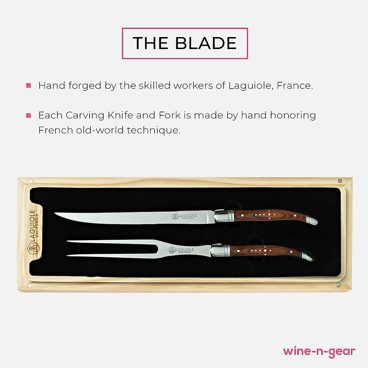 Laguiole California Carving Knife and Fork Set (11 inch) - Rosewood - Stainless Steel - Ergonomic Handles - Stored in a California Oakwood Gift Box