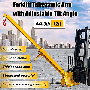 HQHAOTWU Forklift Jib Boom Crane Industrial Forklift Telescoping Jib Boom 4400lb Capacity Hoist Jib Boom Hook Double Fork Design Extend from 7 Up to 12ft Adjustable Crane Boom Mobile Crane Lifting