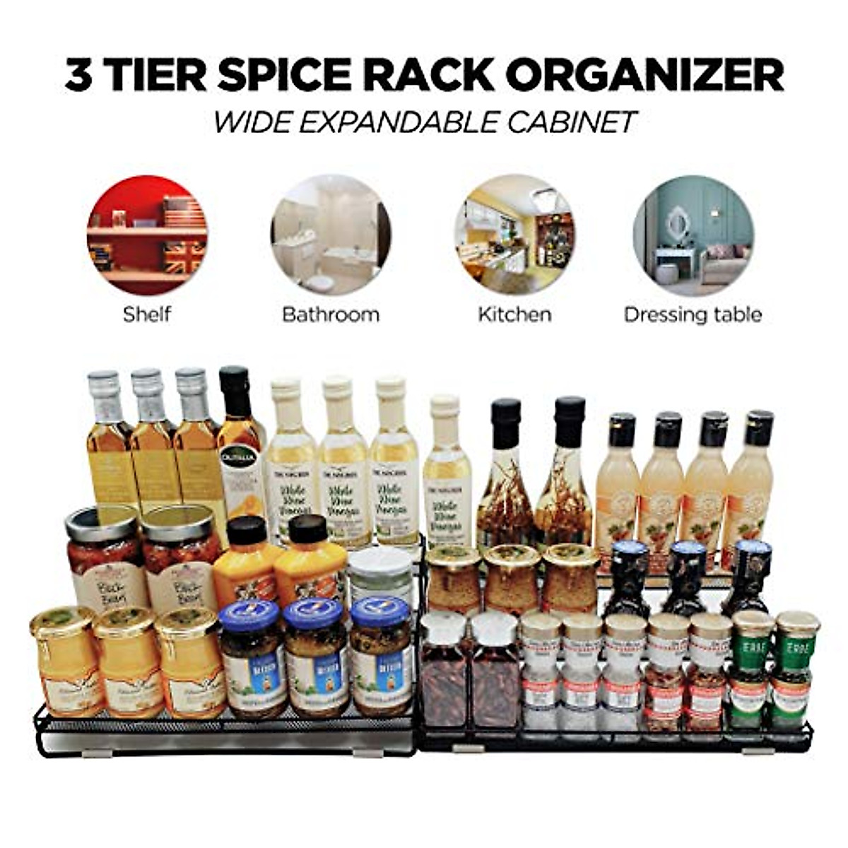 DOTORYDESIGN 3 Tier Wide Expandable Cabinet Spice Rack Organizer (14.5" to 29.1") - Step Shelf with Protection Railing, Black