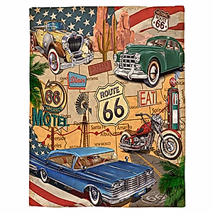 Singingin Ultra Soft Flannel Fleece Bed Blanket Retro Car Motel Route 66 Throw Blanket All Season Warm Fuzzy Light Weight Cozy Plush Blankets for Living Room/Bedroom