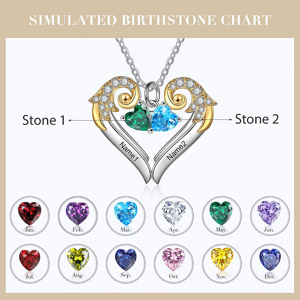 Zomodia Personalized Simulated Birthstone Necklace for Women, Angel Wings Necklace Custom Mom Necklace with Names Engraved Heart Promise Pendant for Her (2 stones)