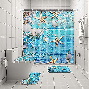 4 Pcs Nautical Bathroom Sets with Shower Curtain and Rugs and Accessories, Ocean Beach Shower Curtain with 12 Hooks, Durable Waterproof Fabric Shower Curtain 72x72inch