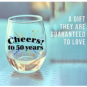 Spotted Dog Company Cheers! To 50 Years, Printed, 17oz Stemless Wine Glass, Happy 50th Birthday Decorations, 50th Birthday Gifts for Men, Birthday Gift Ideas, Wine Glass Cups, Drinking Decor