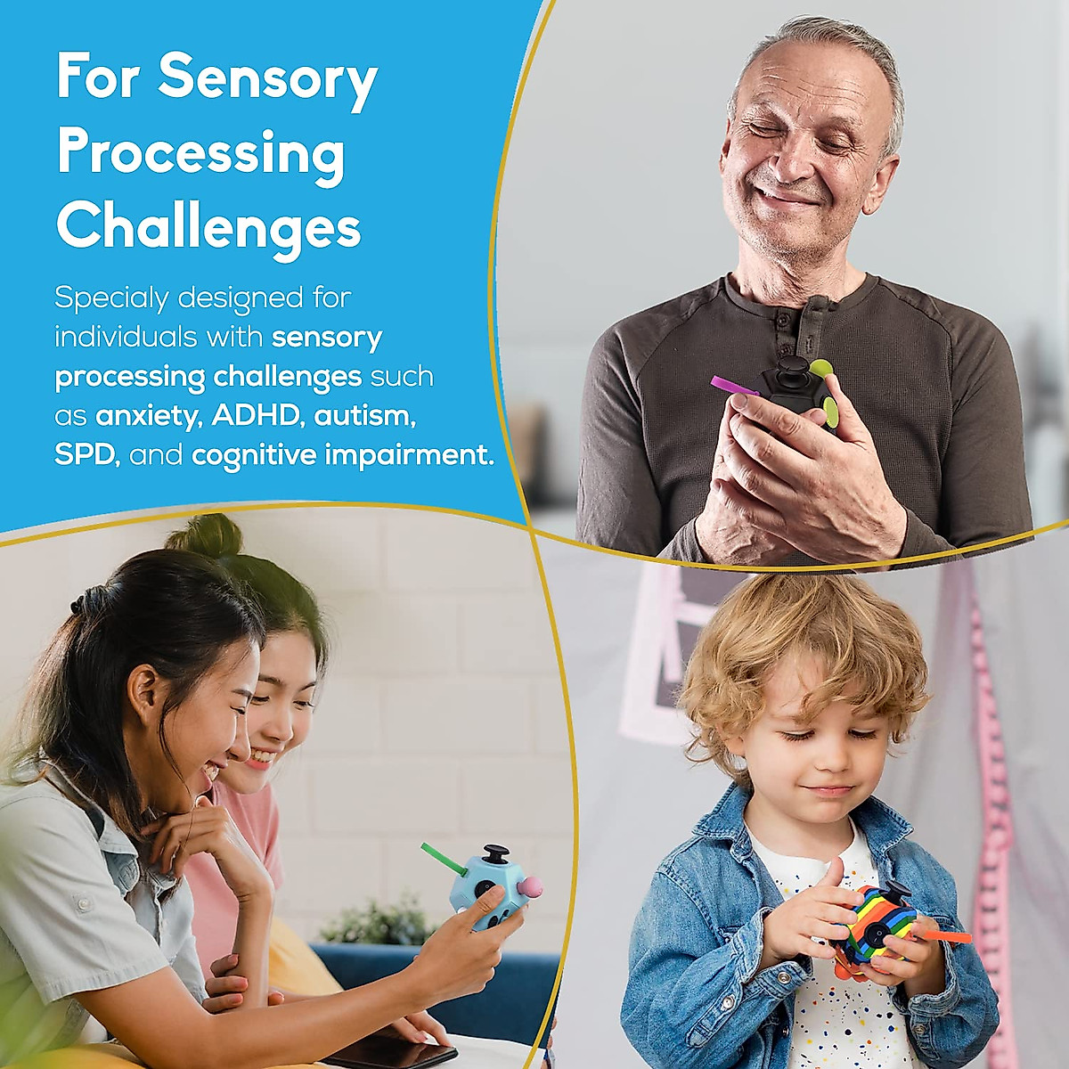 PILPOC theFube Fidget Cube with 12 Sides - Handy Anxiety Toys for Kids and Adults - Fidget Dice for Stress Relief & Focus - Anti Stress Cube for ADHD, ADD, with Carry Case (Light Blue & Mix)