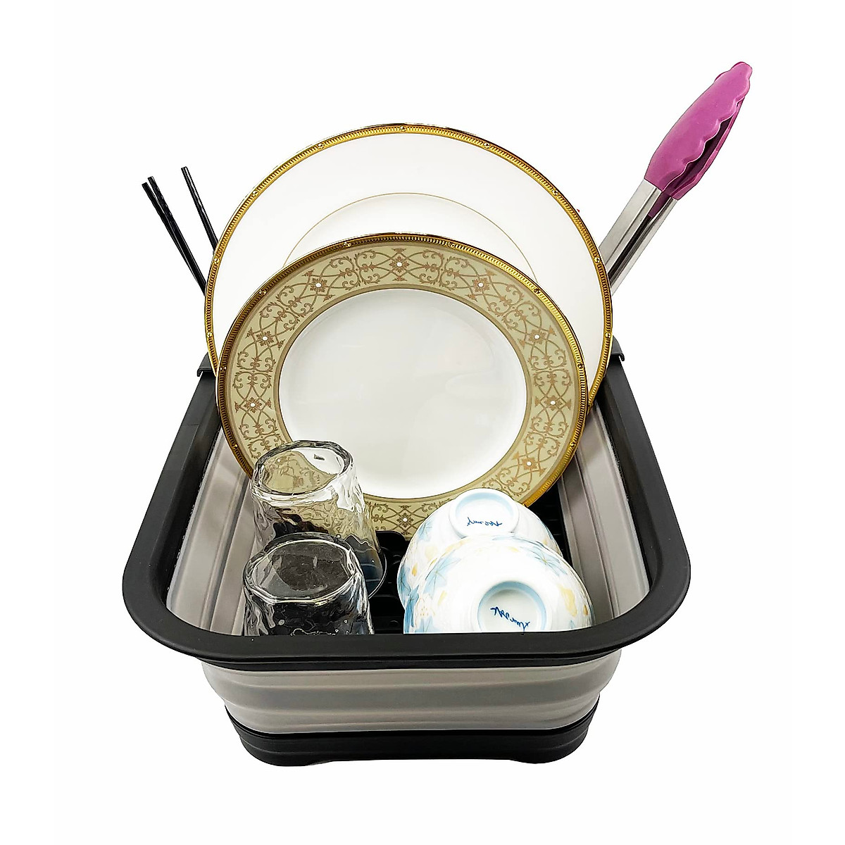 SAMMART 7.3L (1.9 Gallon) Collapsible Dish Drainer with Drainer Board - Foldable Drying Rack Set - Portable Dinnerware Organizer - Space Saving Kitchen Storage Tray (Black/Alloy Grey)